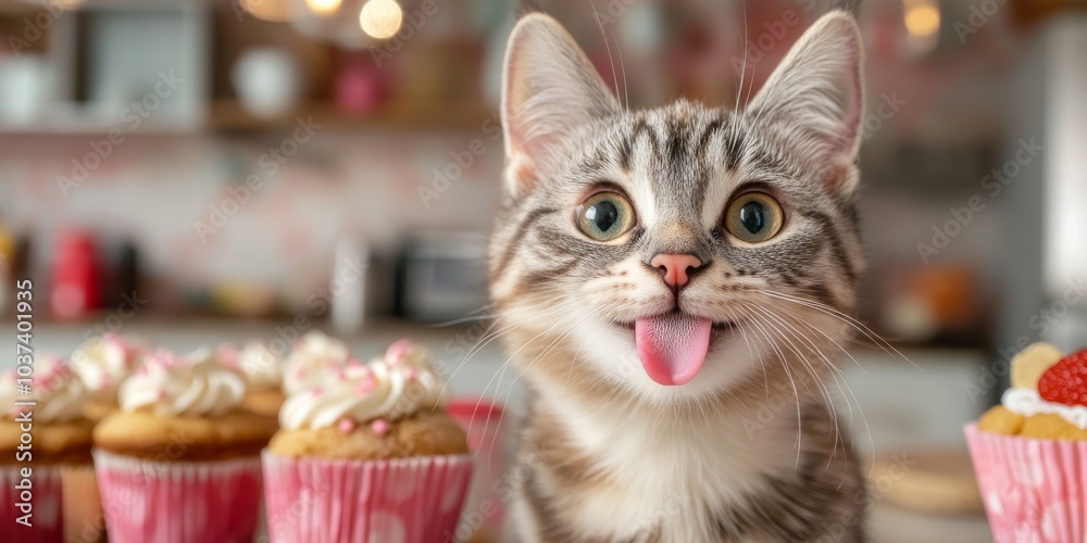 Playful Kitty and Cupcakes: A grey tabby cat with its tongue sticking ...