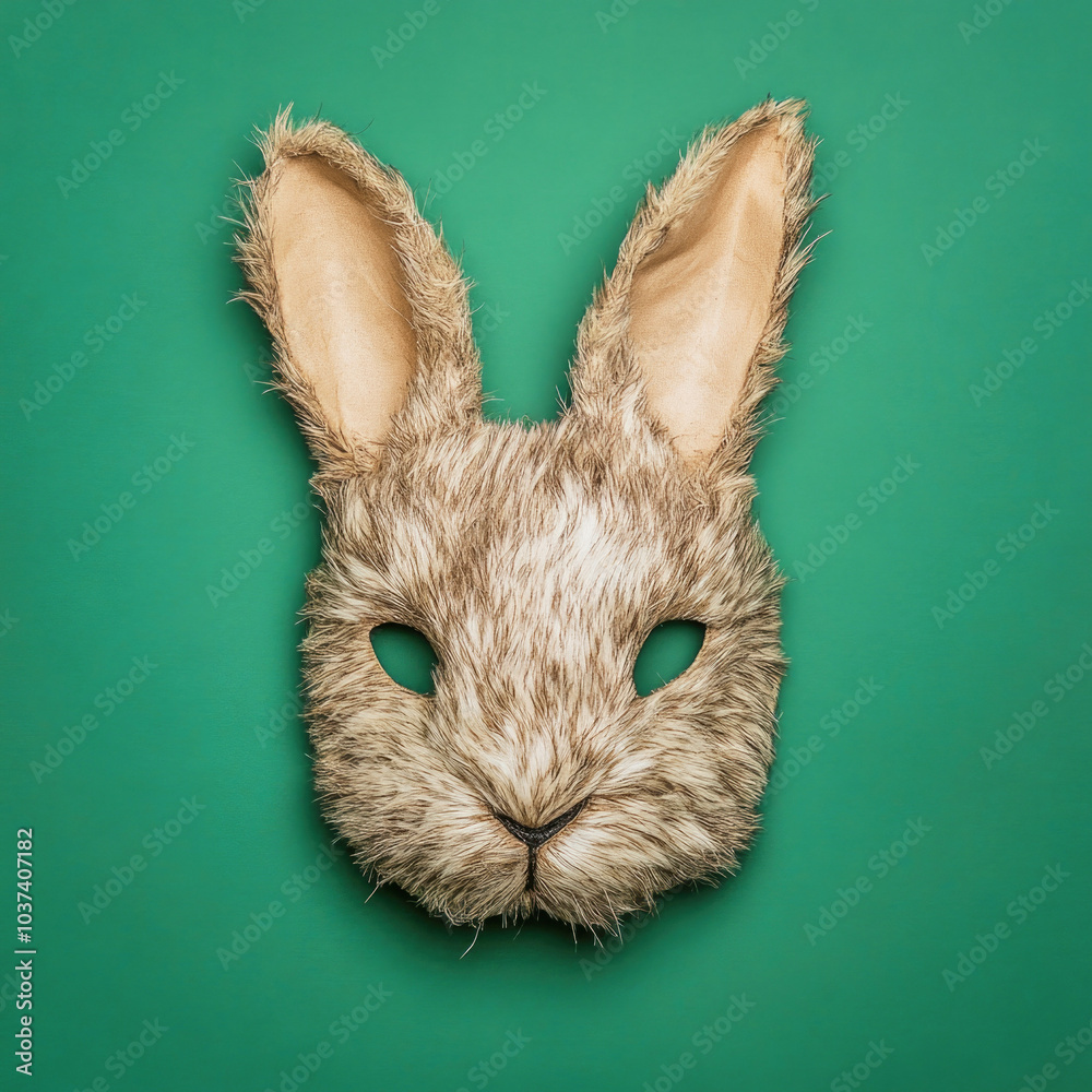 Furry rabbit half mask on a vibrant green background showcasing unique ...