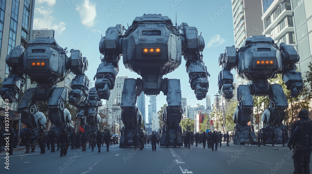 Fotografie, Obraz Line of giant robots march down street in scene from ...
