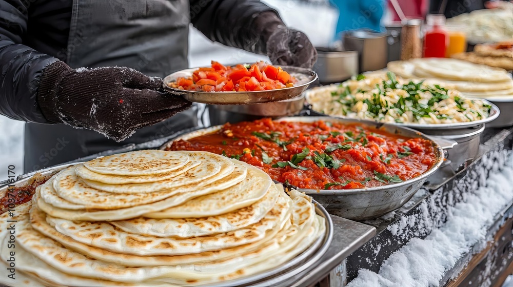 Russian street food vendor in Moscow selling blinis and borscht ...