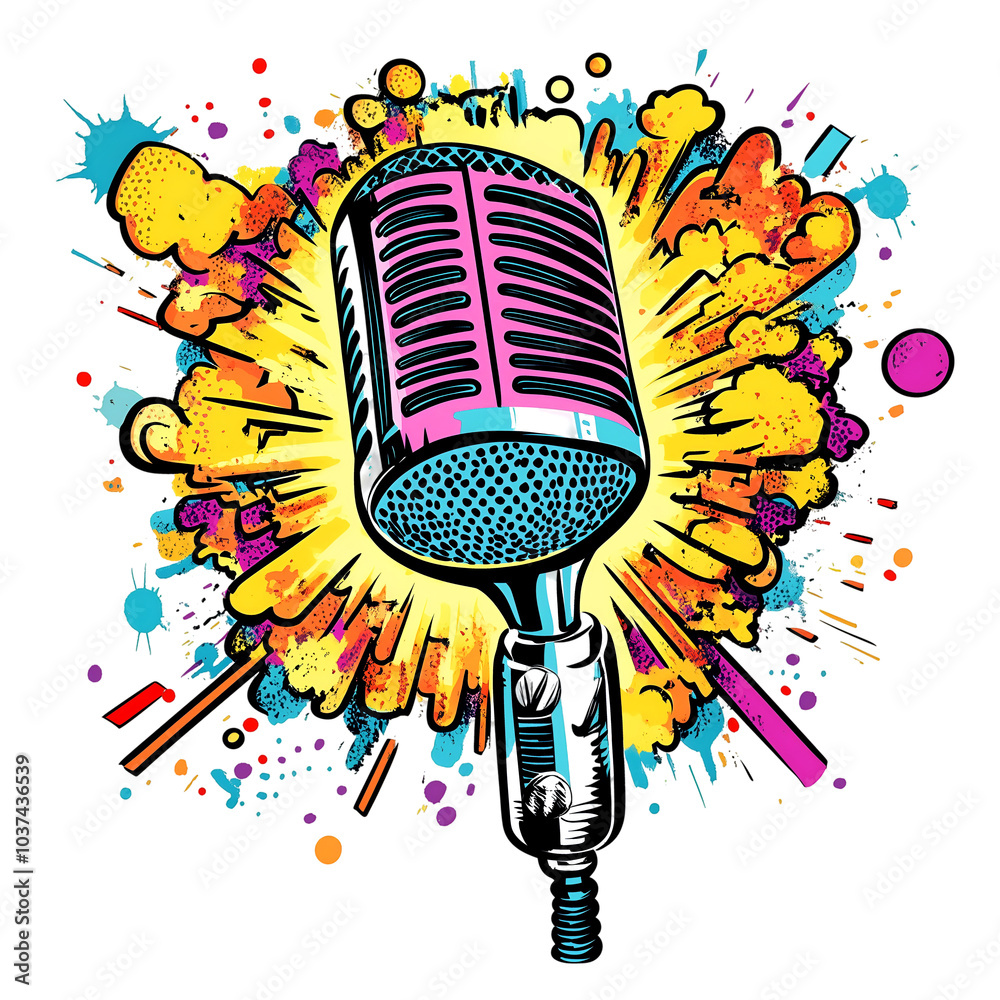 Retro Style Illustration Of A Vintage Microphone With Colorful Splash ...