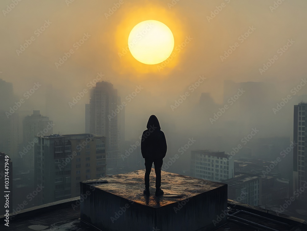 Silhouette of Hooded Man on Top of Tallest Building Overlooking Smog ...