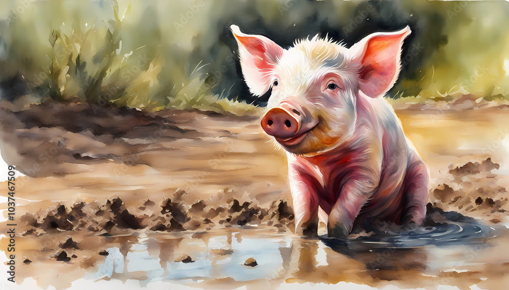 Little Pink Pig Sitting Happily by Muddy Water Puddle with a Smile in ...
