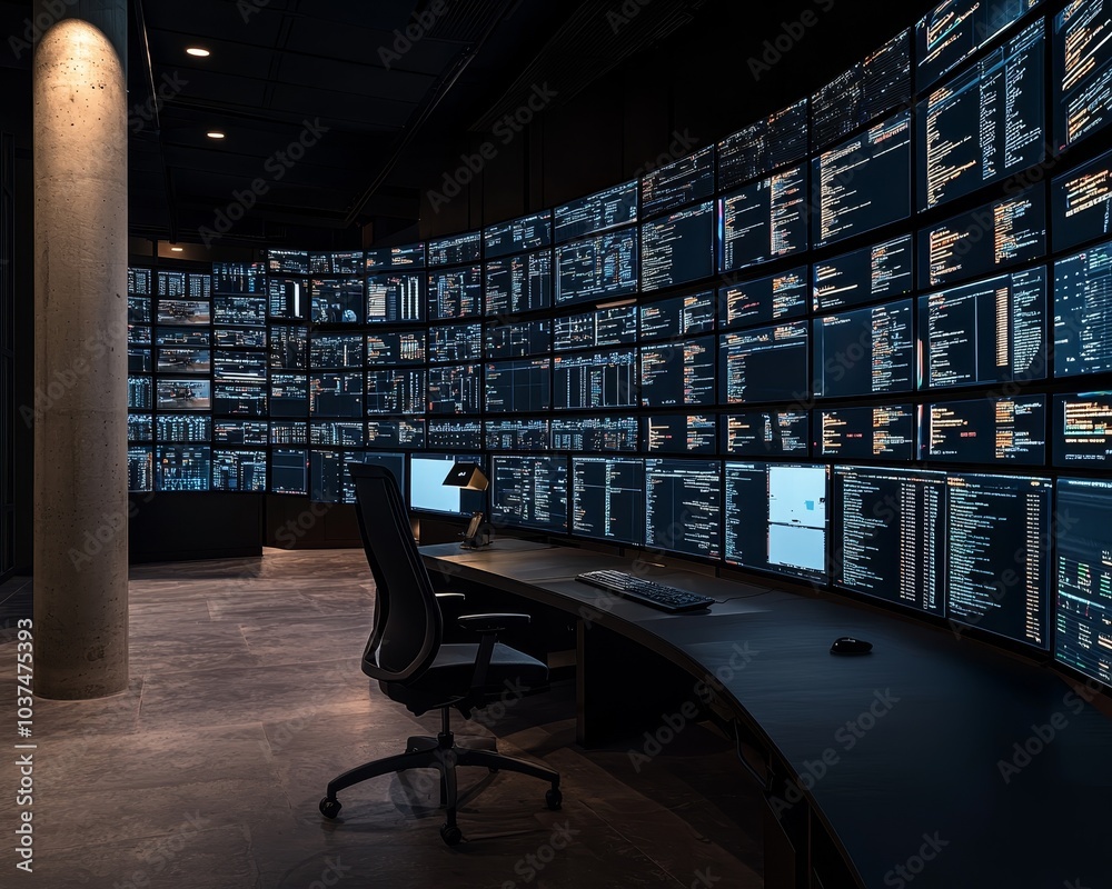 Futuristic Technology Hub Curved Wall of Glowing Code Monitors in ...