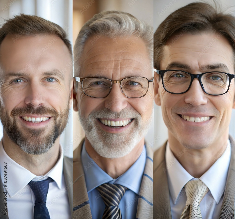 Three smiling men of different ages in business attire indoors during a ...