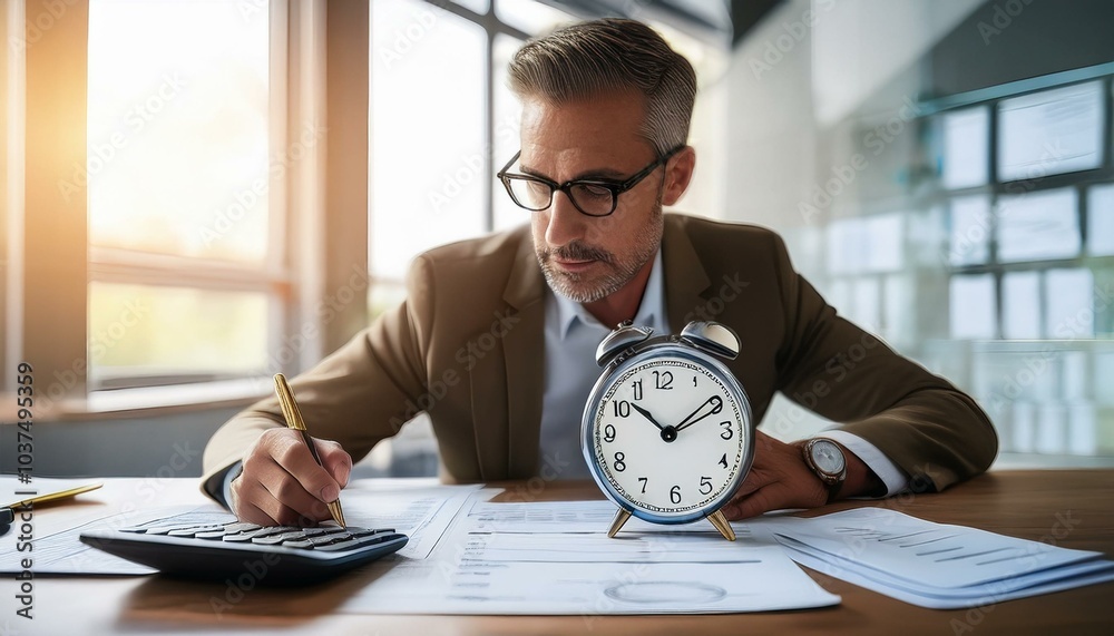 Accountant Calculating Bill With Time Clock Stock Photo | Adobe Stock