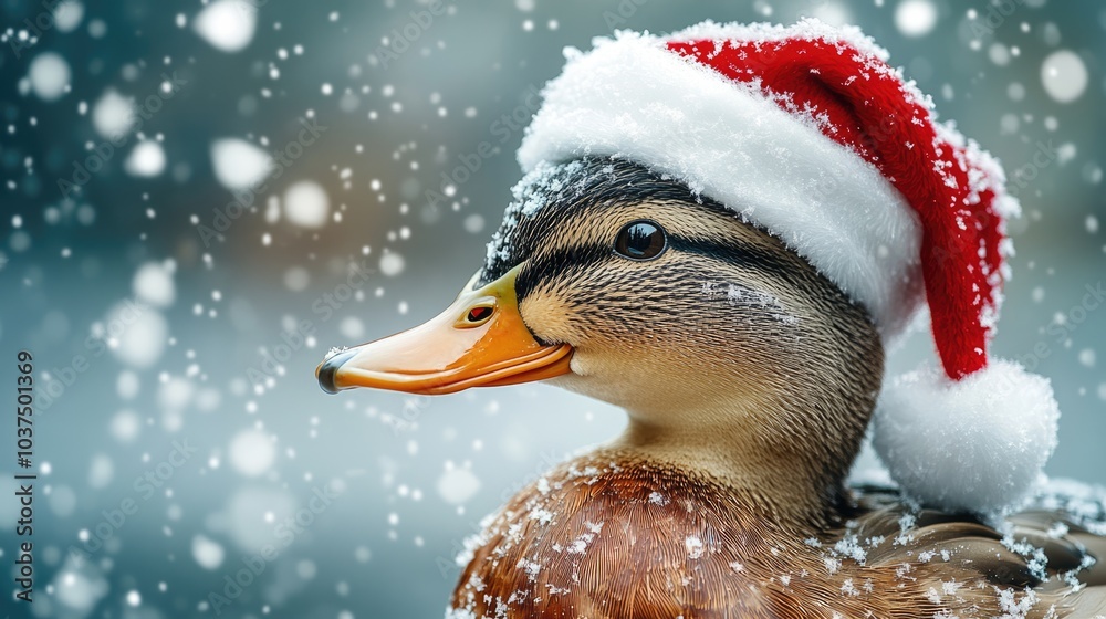 Cute duck in Santa Claus hat looking at snowy background. Christmas ...