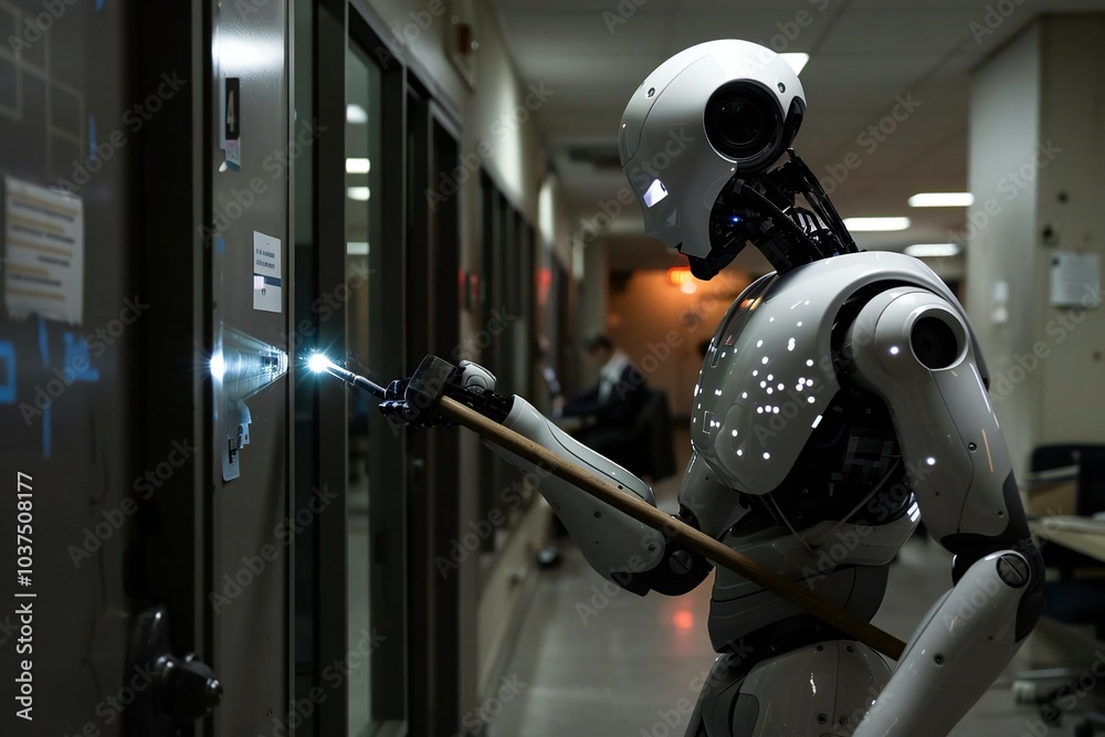 Full length of humanoid robot with flashlight and crowbar in dark ...