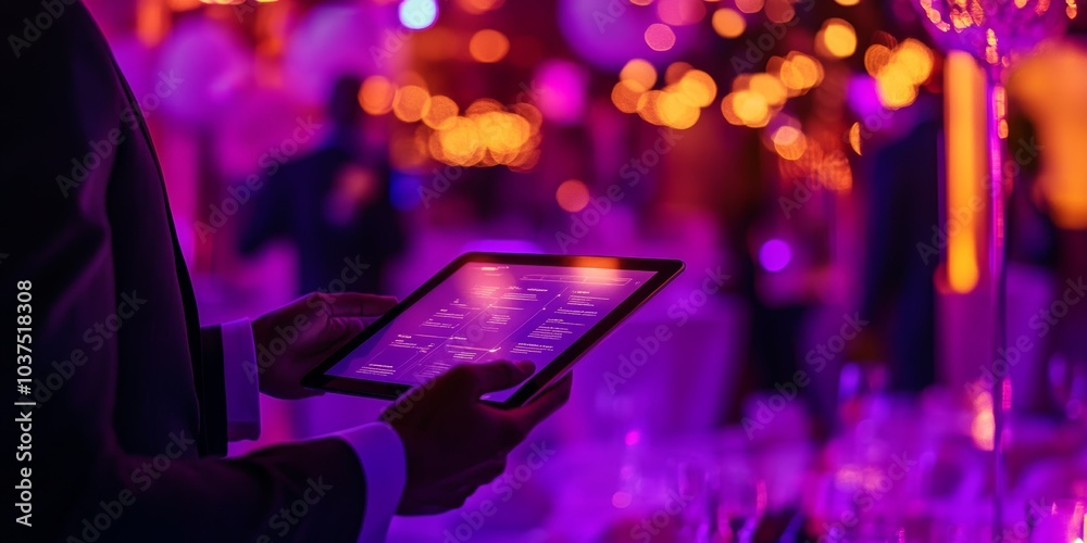 Event planner holding a tablet with holographic party layouts ...