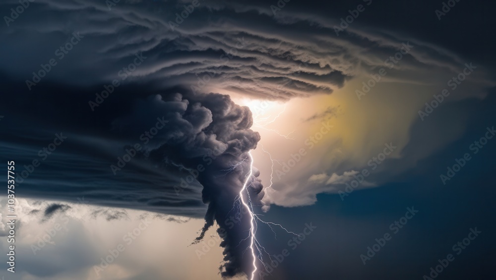 Dramatic scene of tornado with dark clouds, lightning, and split sky ...