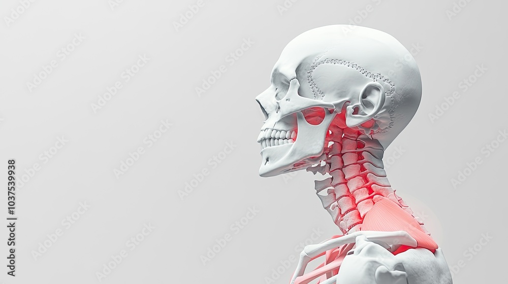 Image of cervical and shoulder bones with red highlighted pain zones ...