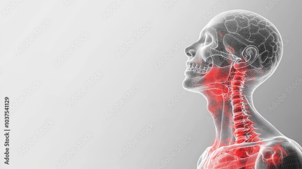 Side view of the cervical and shoulder bones with red areas showing ...