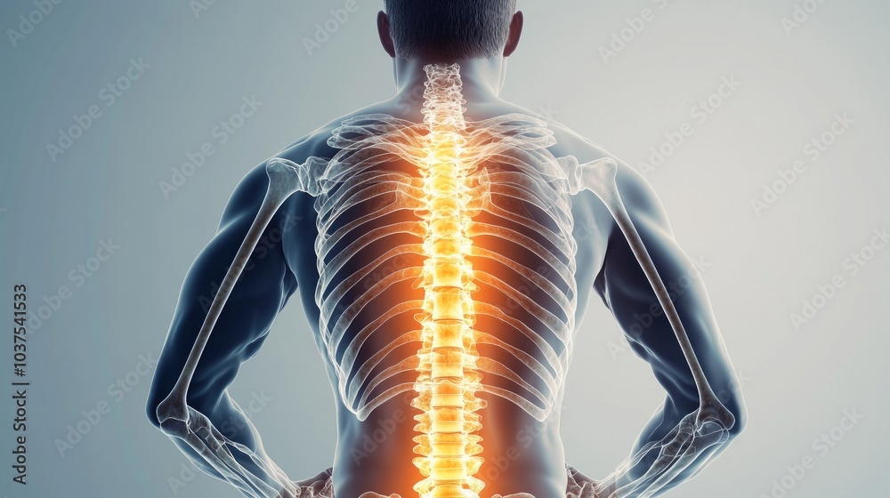 Visual representation of a man with back pain, showing the spine in ...
