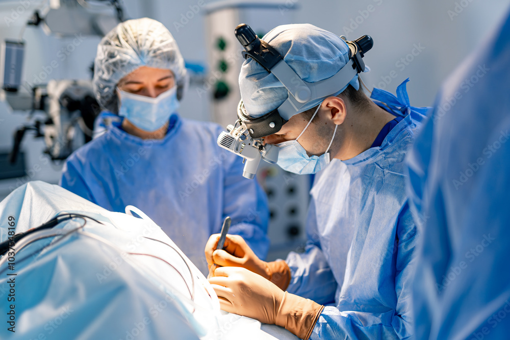 Surgeons in a complex hospital operation. Two surgeons in scrubs and ...