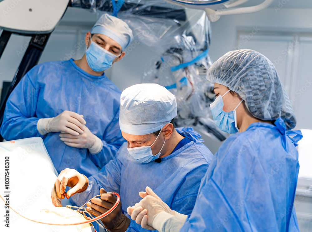 Medical team performing surgery in a sterile room. A dedicated medical ...