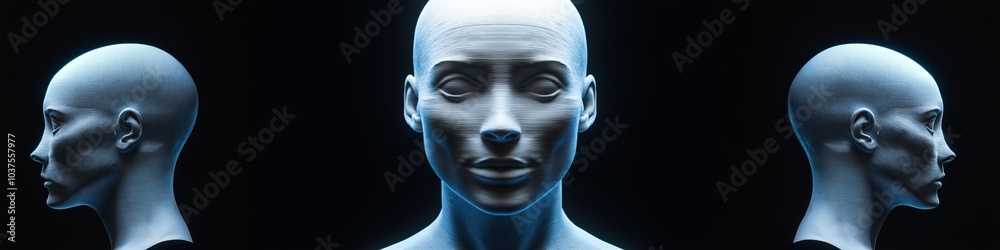 Three heads of a woman are shown in a black background. The heads are ...