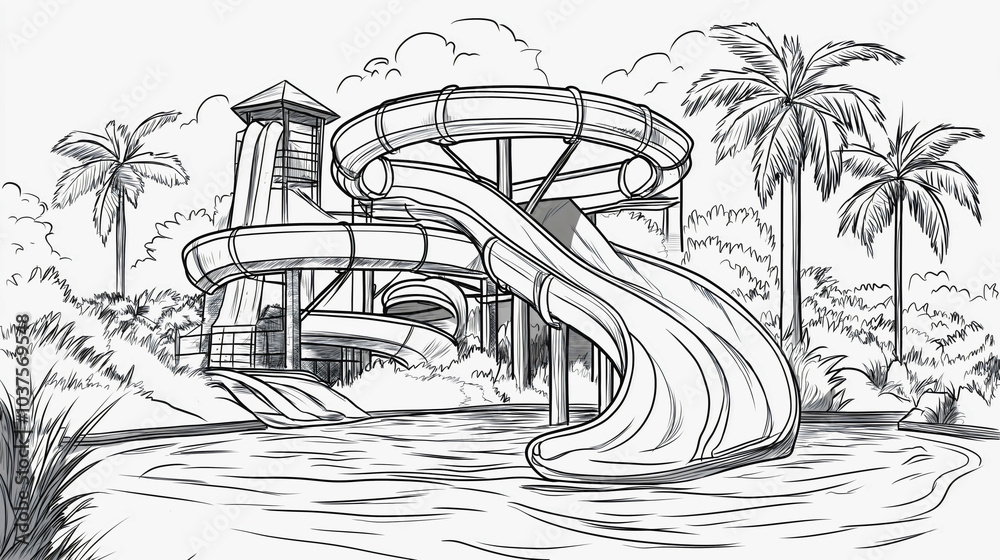 Water slide coloring page, book drawing outline for amusement aqua park ...