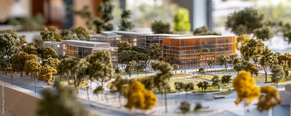 Architect presenting scale model showing sustainable modern city center ...