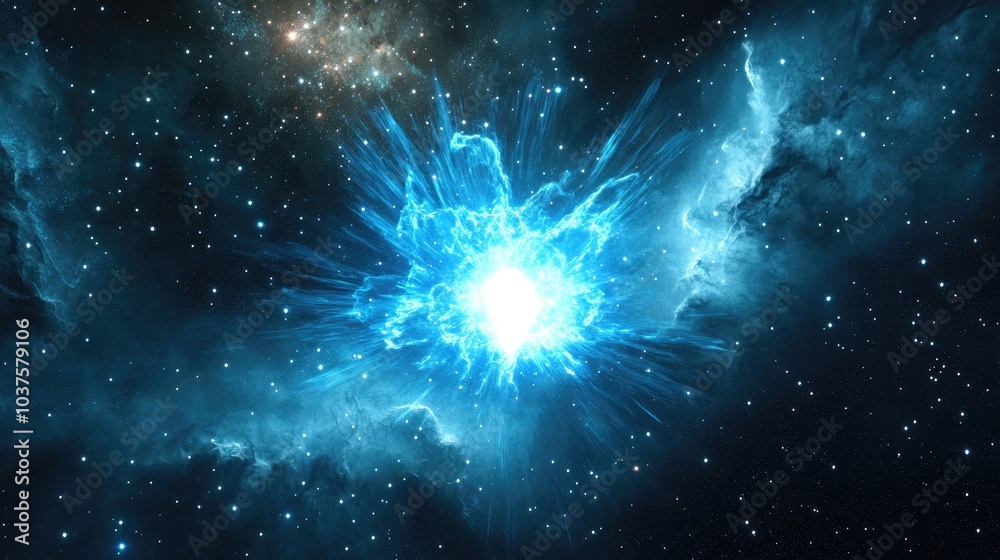 Bright blue star shining in deep space with a stellar explosion behind ...