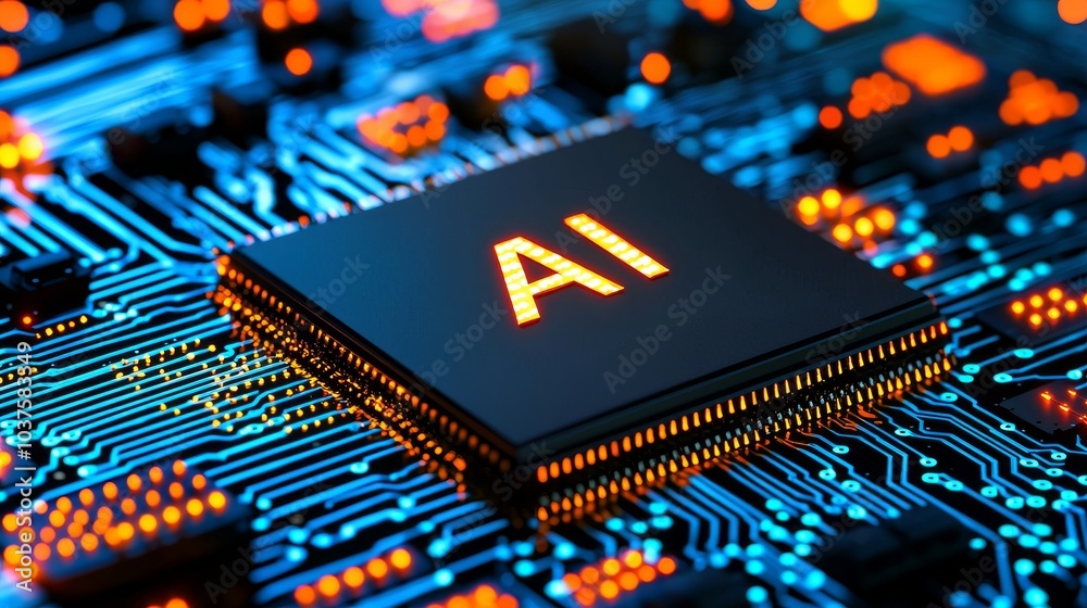 The word stock represents a powerful computer processor microchip with ...