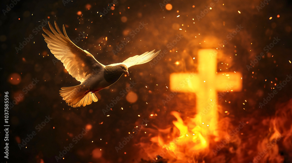 Dove symbolizes Holy Spirit, Christian cross amid fire and flame ...
