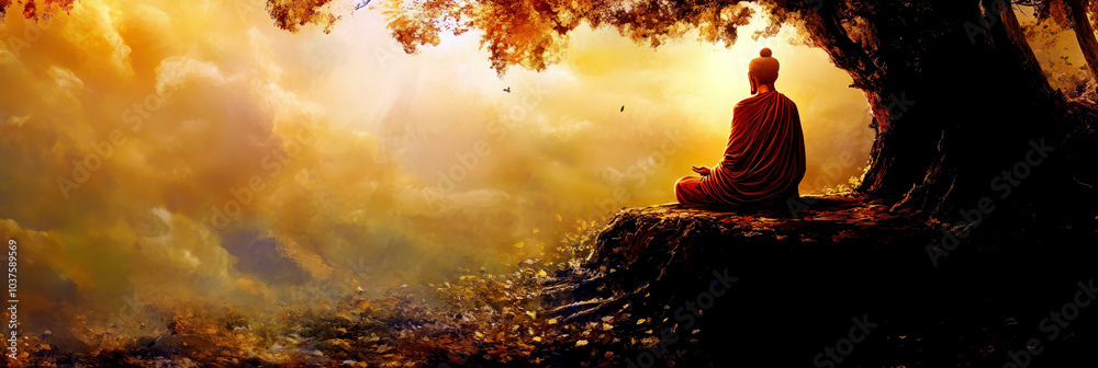 Bodhi Day. Man meditating under tree on sunlit clouds background ...