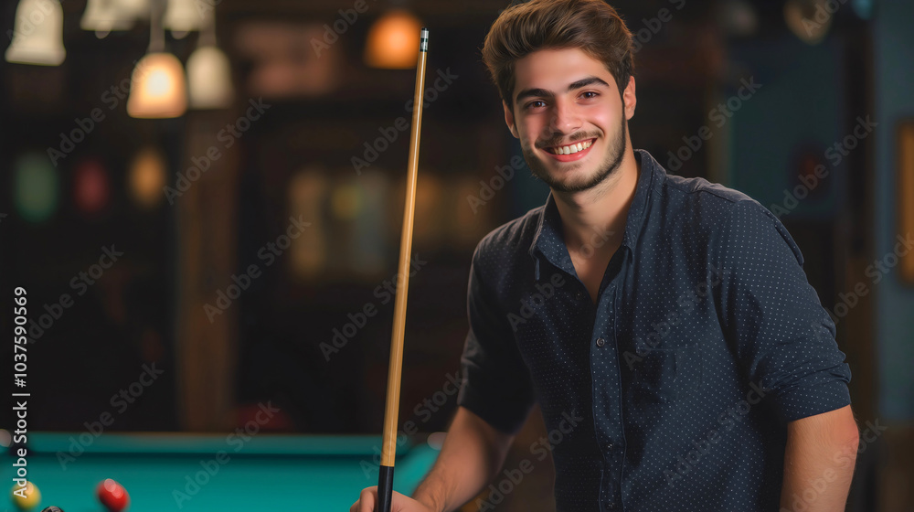 Billiard player playing, takes aim young, man finds game leisure joy ...