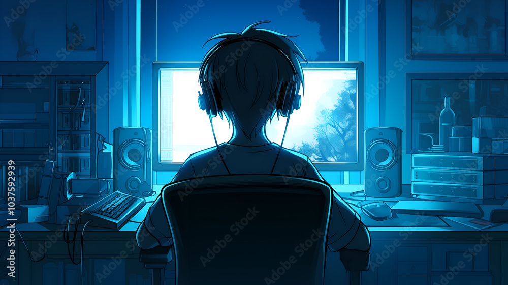 Anime Boy in Front of Computer Working on Music Production, Digital Art ...