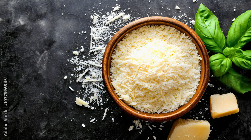 Rich parmesan and cheese display, top view with copy space, dairy in ...