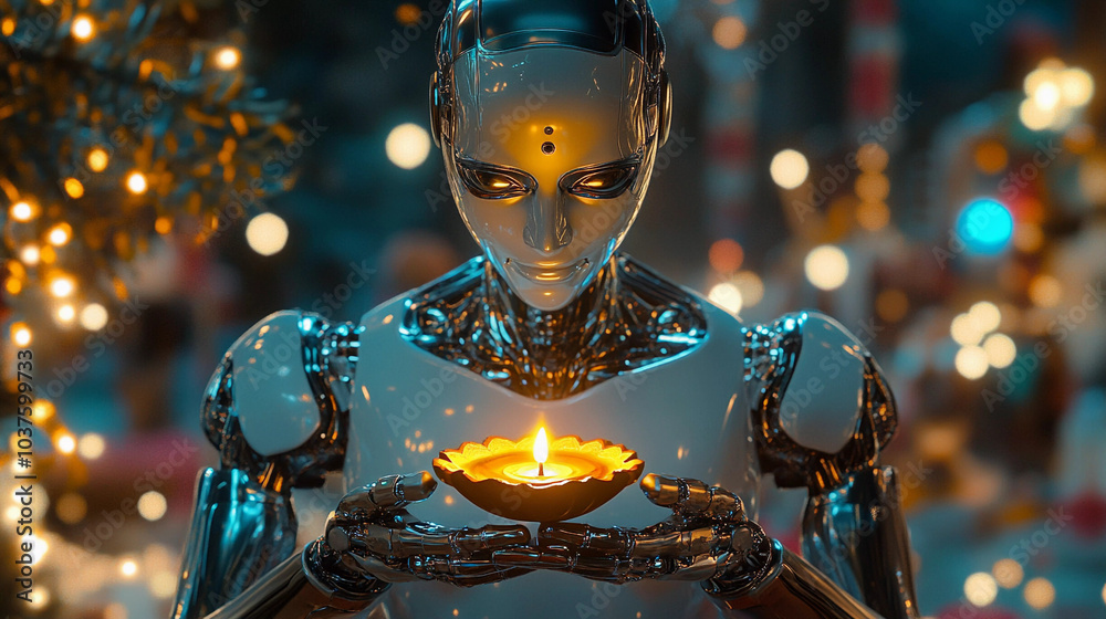 Robot holding diwali diya in hand, Ai celebrating deepavali Stock Photo | Adobe Stock