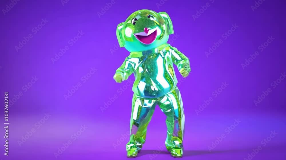 A green, smiling, dancing, animated character. The character is wearing ...