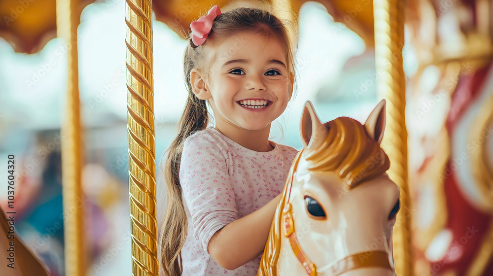 Carousel horse and joyful girl ride with happy amusement park and ...