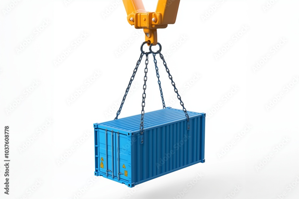 A blue shipping container being lifted by a crane with chains against a ...