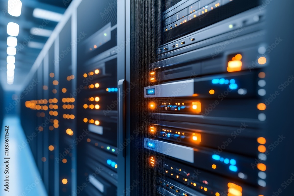 A state-of-the-art data center with rows of illuminated server racks, symbolizing technology ...