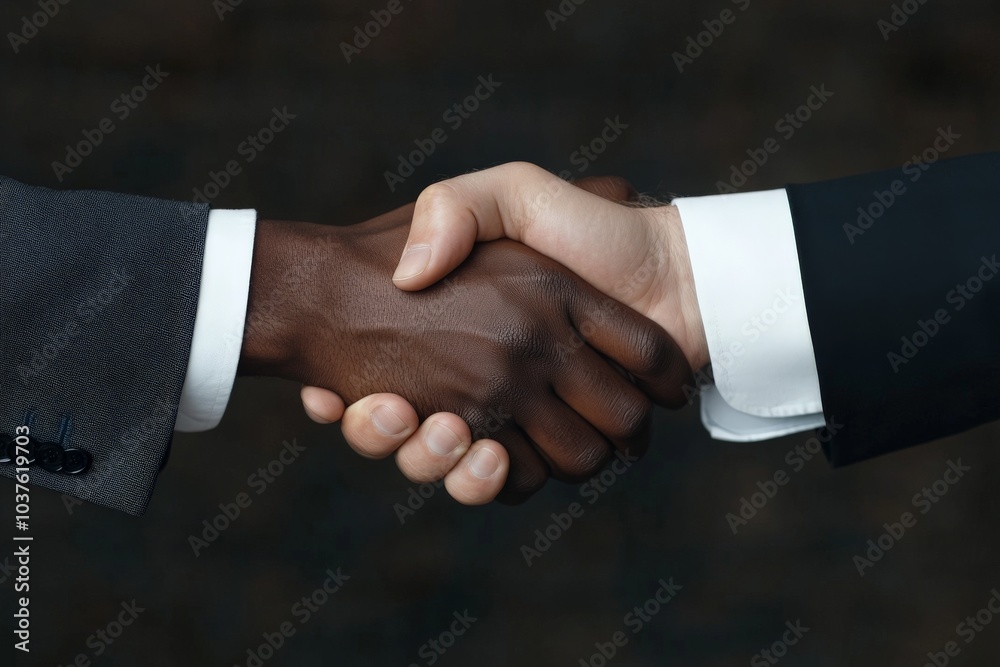 A close-up image of a diverse handshake between two people ...