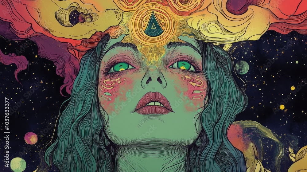 Psychedelic illustration of a mystical woman featuring surreal and ...