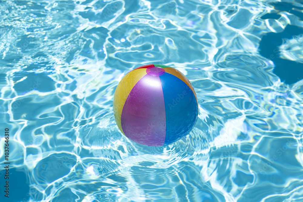 Pool floats. Beach ball in swimming pool. Summer background. Colorful ...