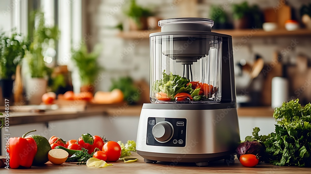 A food processor placed in a vibrant kitchen setting, with clear space ...