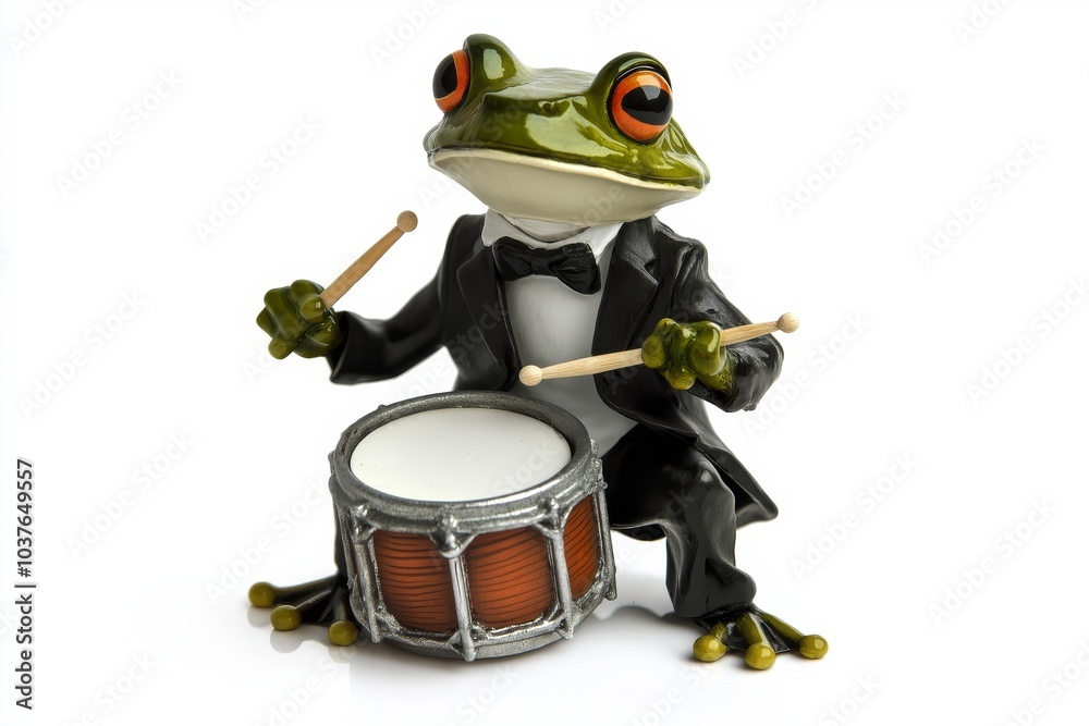 Full length portrait of a frog in tuxedo, playing a drum with focused ...