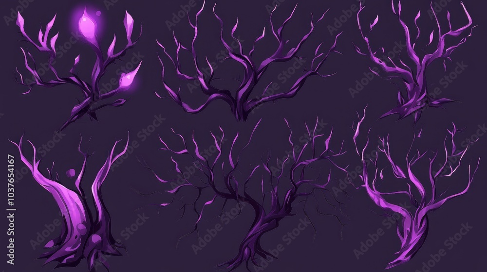 Purple fantasy thorn branches Game asset featuring magical sprite ...
