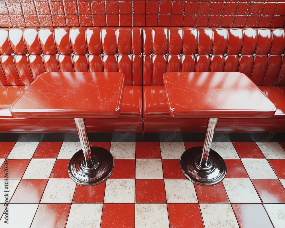 Stylish red booth seating with shiny tables in a vintage diner ...
