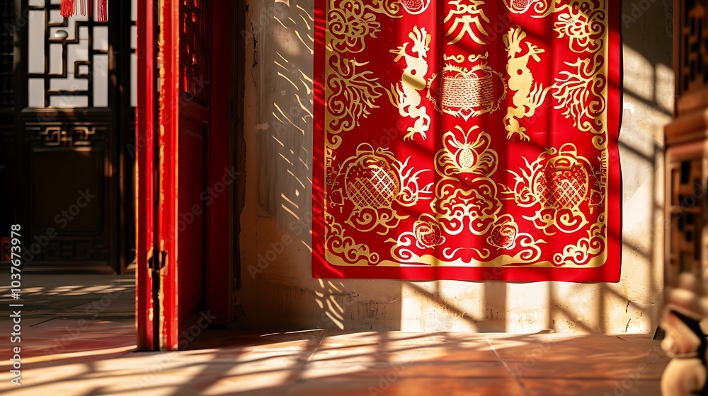 Intricate red and gold Chinese paper cuttings hanging gracefully in a ...