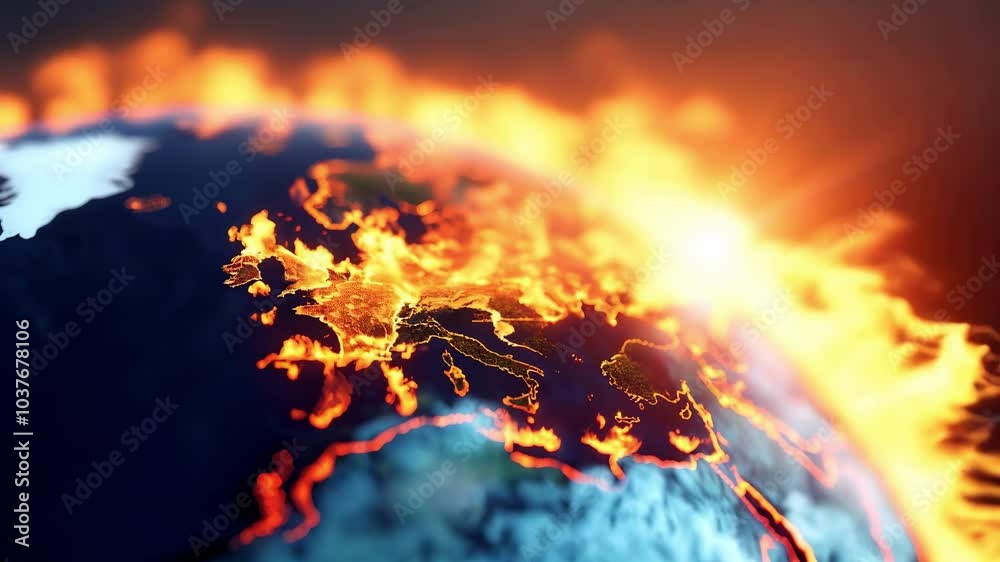 Earth globe under extreme heat of the sun, Europe burning into flame ...