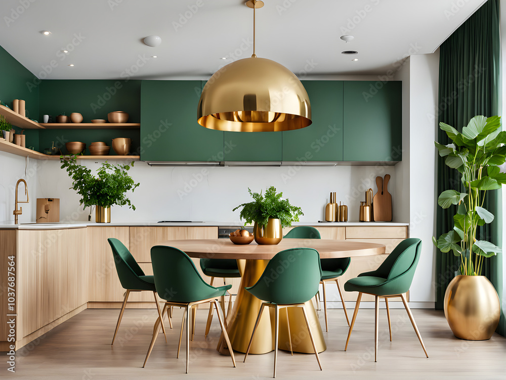 Interior design of harmonized dining room with kitchen, round table ...