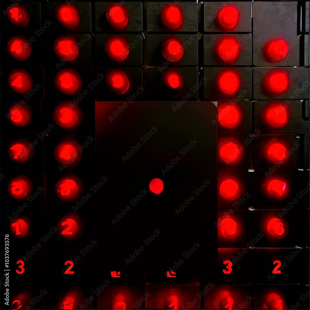 grid-like structure filled with glowing red dots on a black background ...