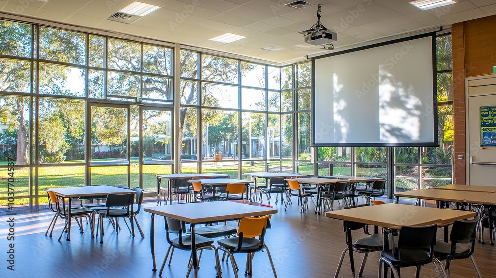 Spacious classroom with flexible seating arrangements large projector ...