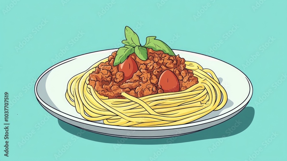 2D cartoon illustration featuring a plate of bolognese pasta topped ...