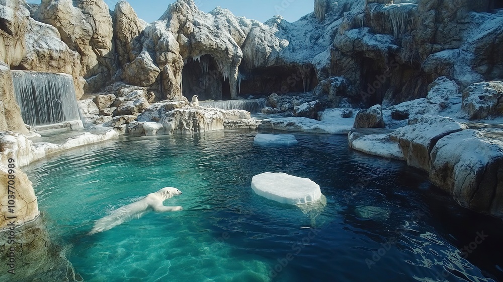 Arctic zoo exhibit midday polar bears swimming in a large water ...
