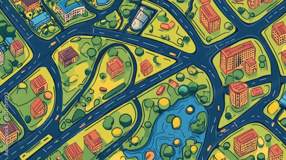 City map featuring roads and streets in a 2D cartoon outline style ...