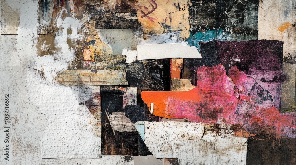 Abstract mixed media composition blending various textures and colors ...